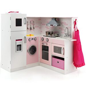 costzon kids corner kitchen playset, wooden pretend play kitchen toy set w/realistic light & sound, washing machine, microwave, oven, stove, ice cube dispenser, utensils, sink, apron, chef hat-pink