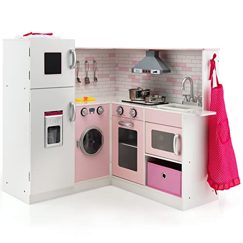 Costzon Kids Corner Kitchen Playset, Wooden Pretend Play Kitchen Toy Set w/Realistic Light & Sound, Washing Machine, Microwave, Oven, Stove, Ice Cube Dispenser, Utensils, Sink, Apron, Chef Hat-Pink