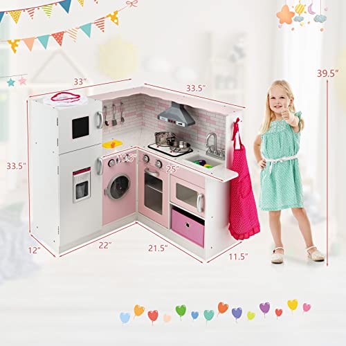 Costzon Kids Corner Kitchen Playset, Wooden Pretend Play Kitchen Toy Set w/Realistic Light & Sound, Washing Machine, Microwave, Oven, Stove, Ice Cube Dispenser, Utensils, Sink, Apron, Chef Hat-Pink