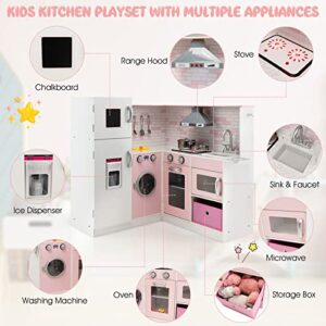 Costzon Kids Corner Kitchen Playset, Wooden Pretend Play Kitchen Toy Set w/Realistic Light & Sound, Washing Machine, Microwave, Oven, Stove, Ice Cube Dispenser, Utensils, Sink, Apron, Chef Hat-Pink