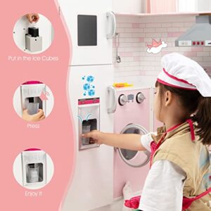 Costzon Kids Corner Kitchen Playset, Wooden Pretend Play Kitchen Toy Set w/Realistic Light & Sound, Washing Machine, Microwave, Oven, Stove, Ice Cube Dispenser, Utensils, Sink, Apron, Chef Hat-Pink