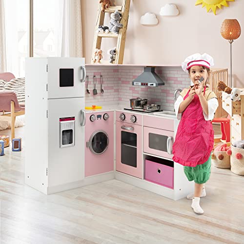 Costzon Kids Corner Kitchen Playset, Wooden Pretend Play Kitchen Toy Set w/Realistic Light & Sound, Washing Machine, Microwave, Oven, Stove, Ice Cube Dispenser, Utensils, Sink, Apron, Chef Hat-Pink