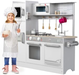 play kitchen - wooden kitchen playset for toddlers and big kids - mini pretend toy for boys and girls with cooking stove, oven, pots, pans, phone, microwave, fridge, sink, utensils - ages 3-8