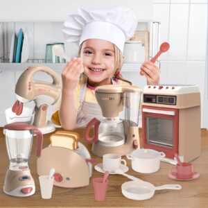 Yalujumb Kitchen Appliances Toys, Toy Kitchen Set for Kids Play Kitchen Accessories Set, Blender, Coffee Maker Machine, Mixer and Toaster,Play Kitchen Set for Kids Ages 4-8