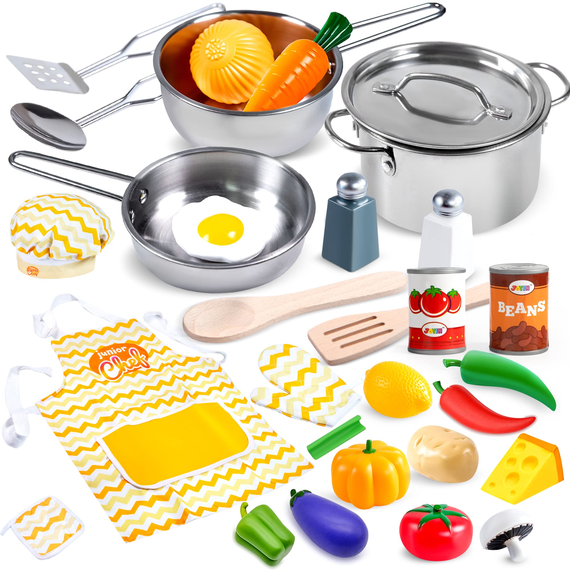 JOYIN Kid Play Kitchen, Pretend Daycare Toy Sets, Kids Cooking Supplies with Stainless Steel Cookware Pots and Pans Set, Cooking Utensils, Apron&Chef Hat and Grocery Play Food Sets, Toddler Gifts