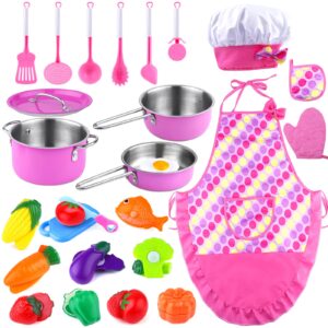 giftinbox kids play kitchen accessories set with play pots and pans, toddler kitchen set with chef apron and hat, birthday gifts for girls toddlers age 3-5