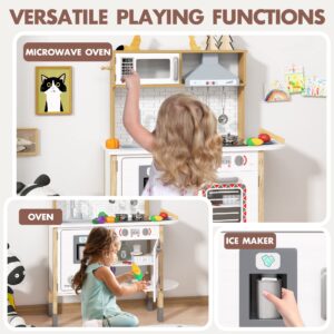 TINYSURE Play Kitchen Set for Kids - Sound and Light Effect Wooden Toy Kitchen Playset with 19 Pcs Toy Food and Cookware Accessories, and Abundant Fun Play Features for Toddlers, Girls, Boys