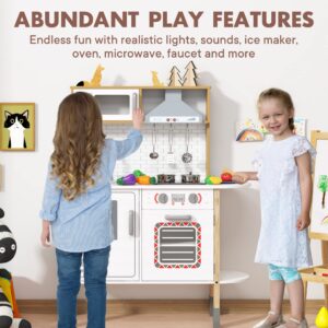 TINYSURE Play Kitchen Set for Kids - Sound and Light Effect Wooden Toy Kitchen Playset with 19 Pcs Toy Food and Cookware Accessories, and Abundant Fun Play Features for Toddlers, Girls, Boys