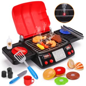 kids play food grill with pretend smoke sound light kitchen playset bbq accessories camping cooking set barbecue toddler girl boy toy 2 3 4 5 6 year old 4-8 birthday kid outdoor toy gift idea