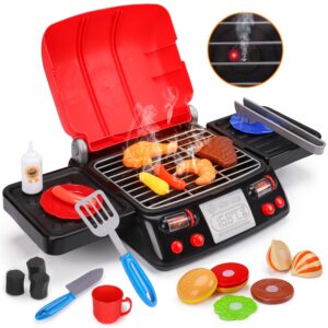 Kids Play Food Grill with Pretend Smoke Sound Light Kitchen Playset BBQ Accessories Camping Cooking Set Barbecue Toddler Girl Boy Toy 2 3 4 5 6 Year Old 4-8 Birthday Kid Outdoor Toy Gift Idea