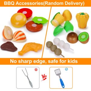 Kids Play Food Grill with Pretend Smoke Sound Light Kitchen Playset BBQ Accessories Camping Cooking Set Barbecue Toddler Girl Boy Toy 2 3 4 5 6 Year Old 4-8 Birthday Kid Outdoor Toy Gift Idea