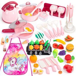 hohosunlar 89pcs kids kitchen playset w/ toy pots pans unicorn apron bbq grill camping cooking playset pretend play food set toy vegetables fruits play kitchen accessories for girls toddlers age 3+