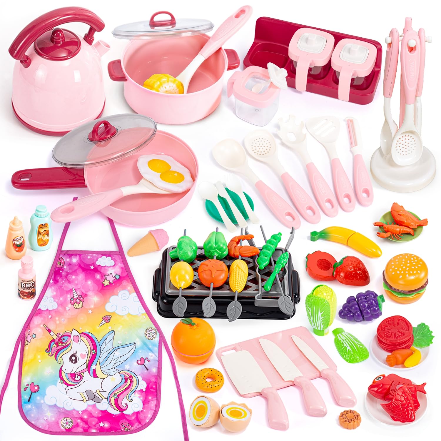 Hohosunlar 89PCS Kids Kitchen Playset w/ Toy Pots Pans Unicorn Apron BBQ Grill Camping Cooking Playset Pretend Play Food Set Toy Vegetables Fruits Play Kitchen Accessories for Girls Toddlers Age 3+