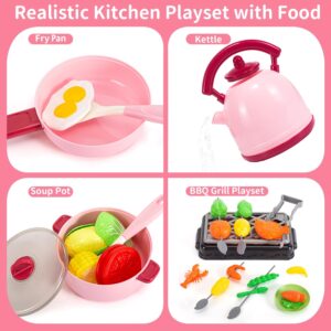 Hohosunlar 89PCS Kids Kitchen Playset w/ Toy Pots Pans Unicorn Apron BBQ Grill Camping Cooking Playset Pretend Play Food Set Toy Vegetables Fruits Play Kitchen Accessories for Girls Toddlers Age 3+