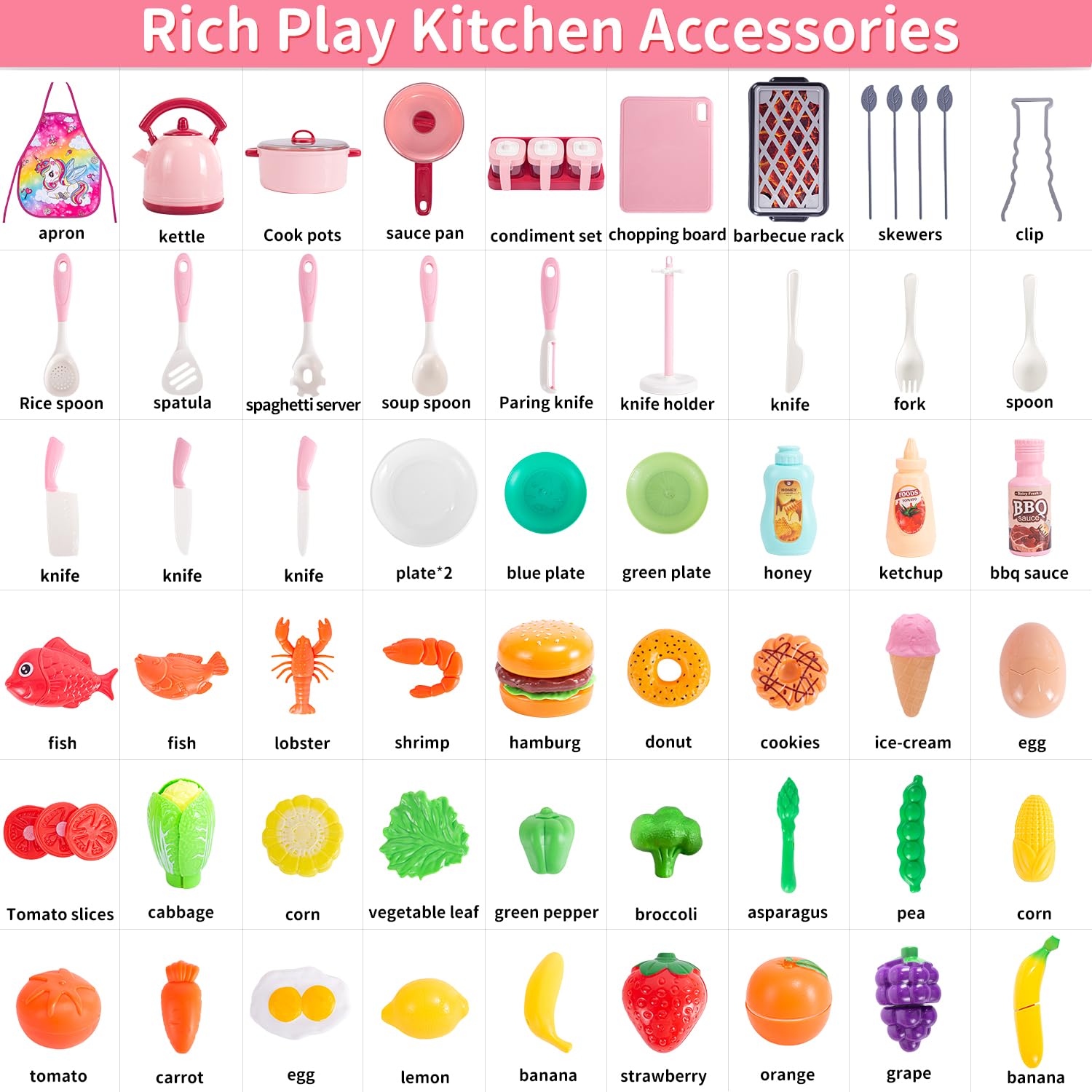 Hohosunlar 89PCS Kids Kitchen Playset w/ Toy Pots Pans Unicorn Apron BBQ Grill Camping Cooking Playset Pretend Play Food Set Toy Vegetables Fruits Play Kitchen Accessories for Girls Toddlers Age 3+