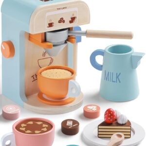 Tiny Land Kids Coffee Maker Wooden Kitchen Toys - 17Pcs Toy Coffee Maker Playset - Wooden Play Toys, Play Kitchen Accessories for Girls & Boys