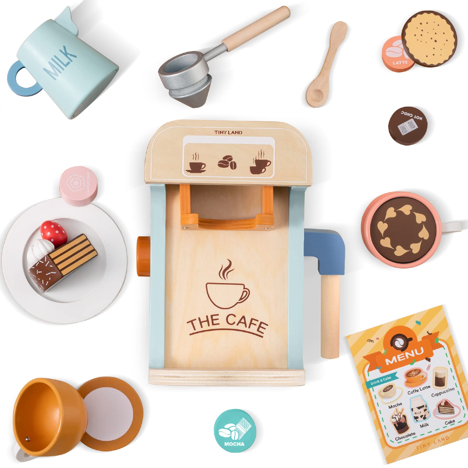 Tiny Land Kids Coffee Maker Wooden Kitchen Toys - 17Pcs Toy Coffee Maker Playset - Wooden Play Toys, Play Kitchen Accessories for Girls & Boys