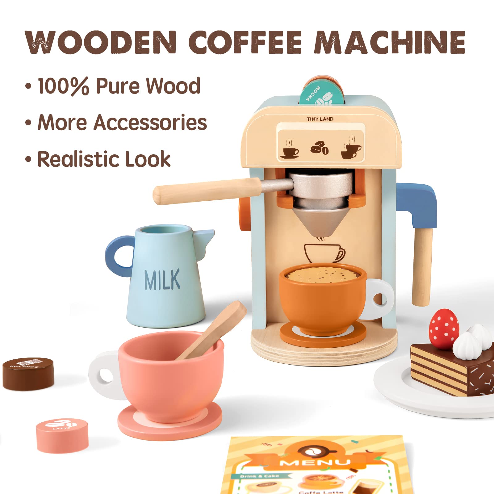 Tiny Land Kids Coffee Maker Wooden Kitchen Toys - 17Pcs Toy Coffee Maker Playset - Wooden Play Toys, Play Kitchen Accessories for Girls & Boys