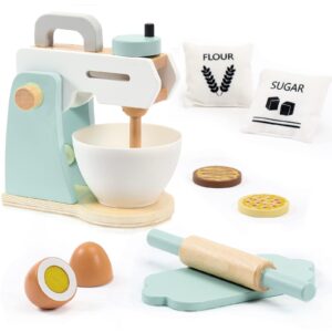 play kitchen accessories, frogprin wooden toy mixer set, pretend play food sets for kids kitchen - includes extra egg, rolling pin, cookies, sugar, flour