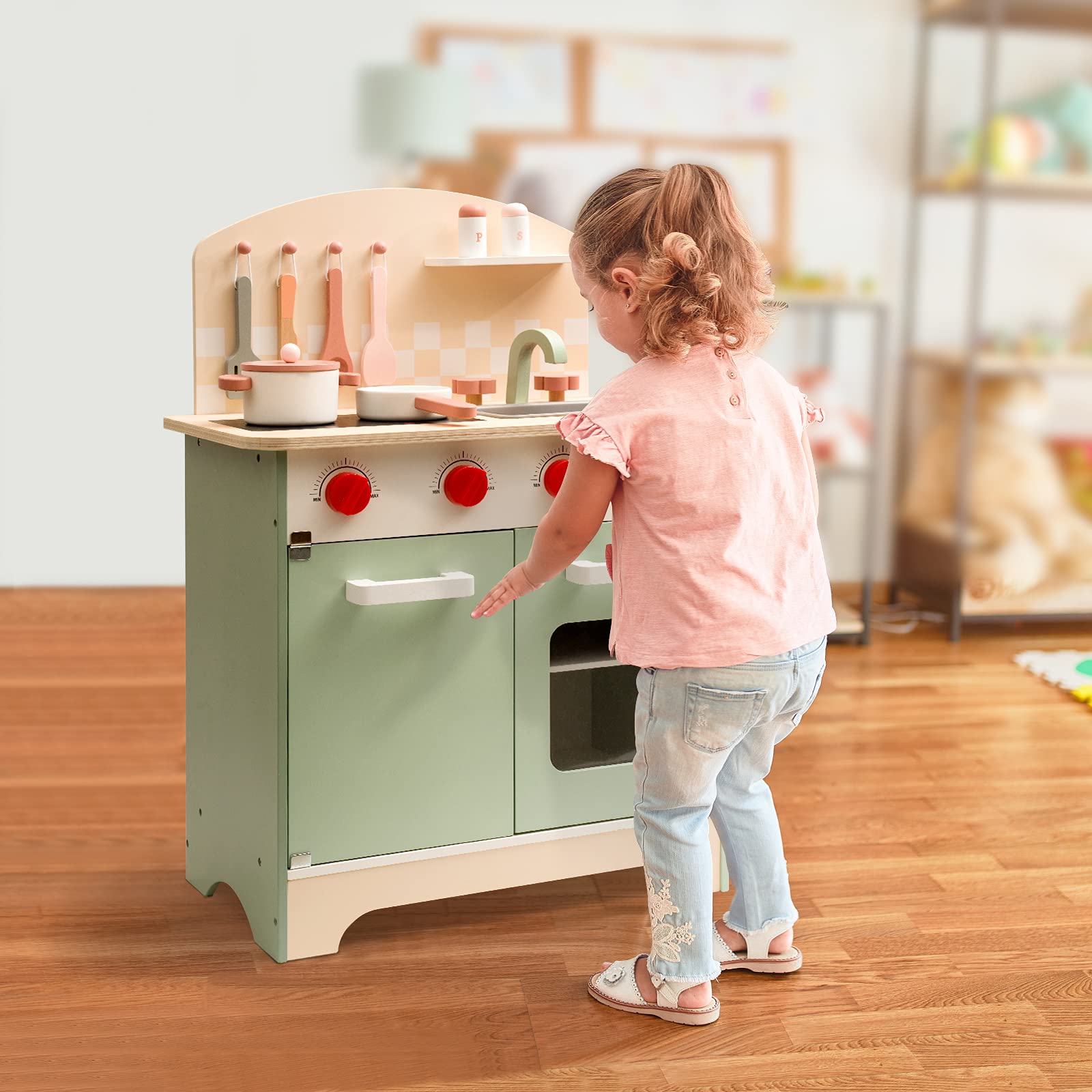 ROBOTIME Wooden Play Kitchen for Kids, Realistic Toddler Kitchen Set, Wood Chef Pretend Kids Kitchen Playset, Toy Kitchen for Kids Boys Girls Ages 3 to 8 (Green)