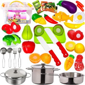 funerica play food set and cookware set with realistic stainless-steel pots and pans and utensils - cutting fake food and pretend toy kitchen accessories playset for toddlers and kids