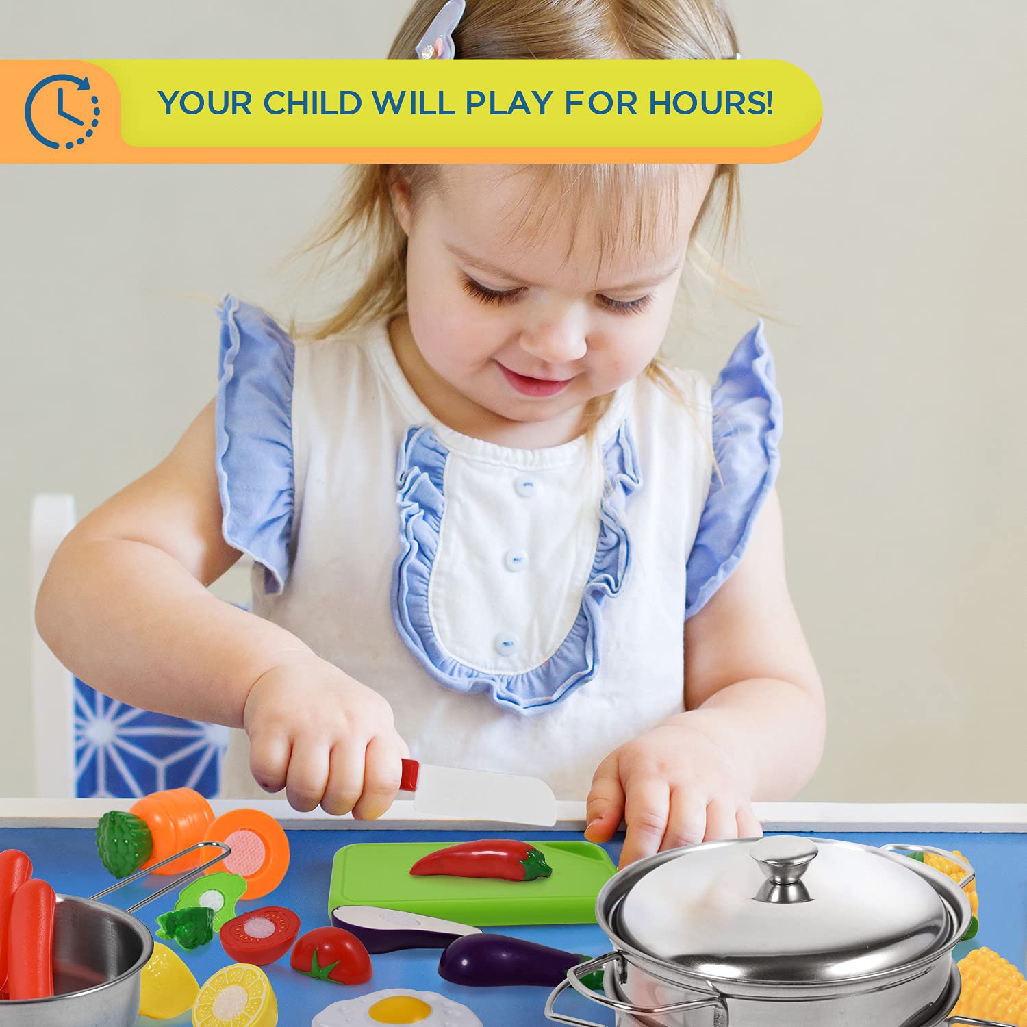 FUNERICA Play Food Set and Cookware Set with Realistic Stainless-Steel Pots and Pans and Utensils - Cutting Fake Food and Pretend Toy Kitchen Accessories Playset for Toddlers and Kids