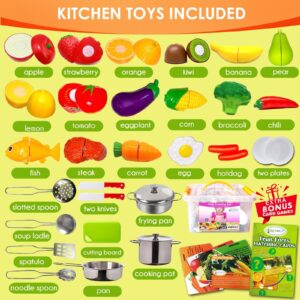 FUNERICA Play Food Set and Cookware Set with Realistic Stainless-Steel Pots and Pans and Utensils - Cutting Fake Food and Pretend Toy Kitchen Accessories Playset for Toddlers and Kids