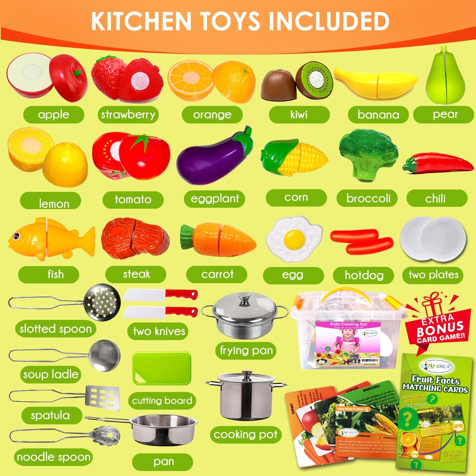 FUNERICA Play Food Set and Cookware Set with Realistic Stainless-Steel Pots and Pans and Utensils - Cutting Fake Food and Pretend Toy Kitchen Accessories Playset for Toddlers and Kids