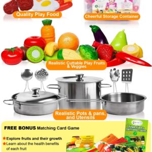 FUNERICA Play Food Set and Cookware Set with Realistic Stainless-Steel Pots and Pans and Utensils - Cutting Fake Food and Pretend Toy Kitchen Accessories Playset for Toddlers and Kids