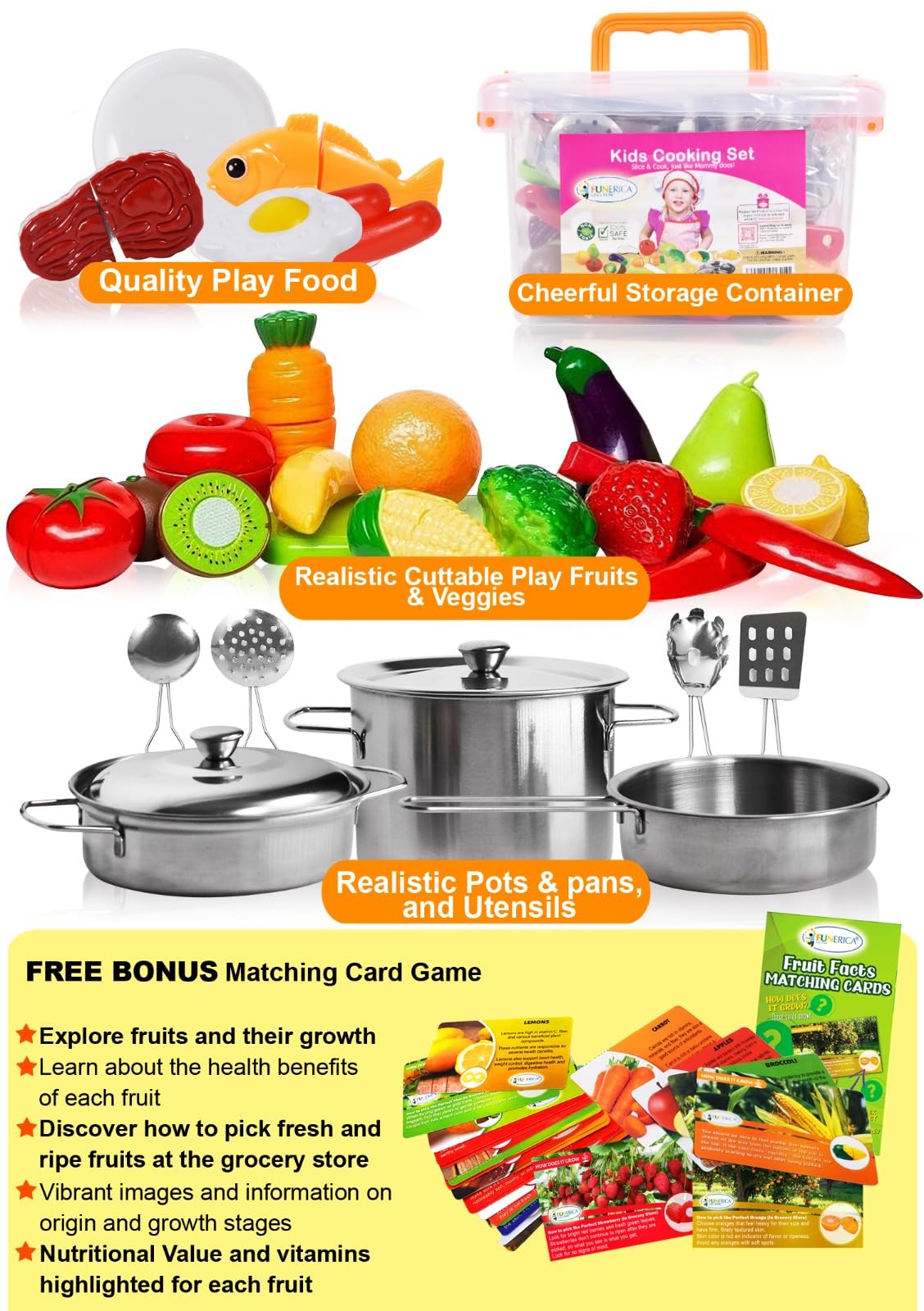 FUNERICA Play Food Set and Cookware Set with Realistic Stainless-Steel Pots and Pans and Utensils - Cutting Fake Food and Pretend Toy Kitchen Accessories Playset for Toddlers and Kids