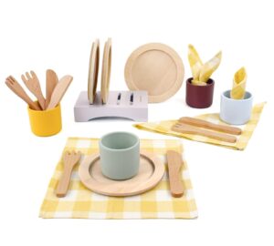 pillowhale wooden toy plates and dishes set,play kitchen cutlery and plate set,21piece kids kitchen playset accessories for toddlers boys girls ages 3+