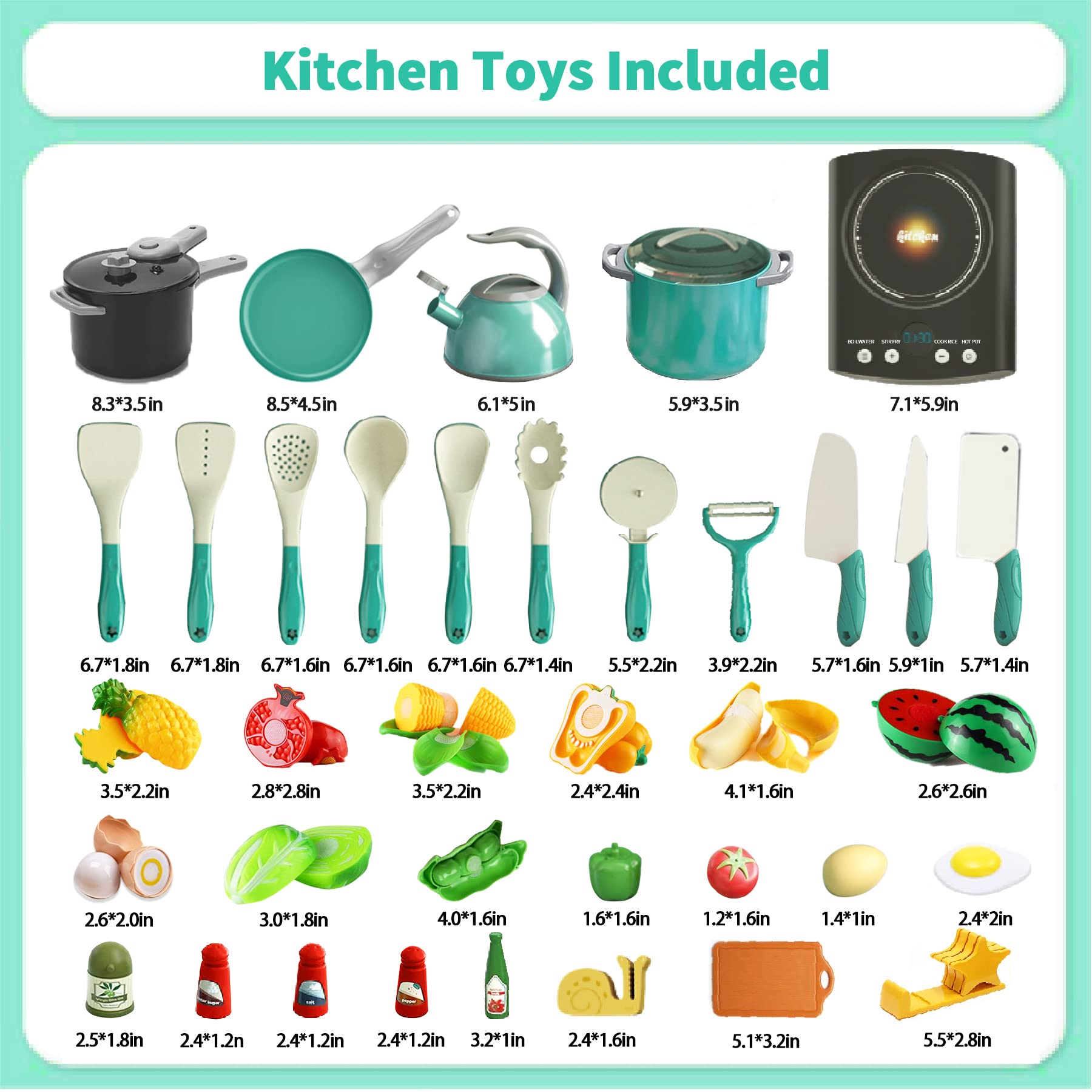 Cewuky 57pcs Kids Kitchen Playset with Induction Cooktop,Pot,Pan, Pretend Play Kitchen Toy with Cut Play Food &Vegetables,Cookware Pots and Pans Set with Toy Knife,Birthday Gift for Girls Boys Age 3-6