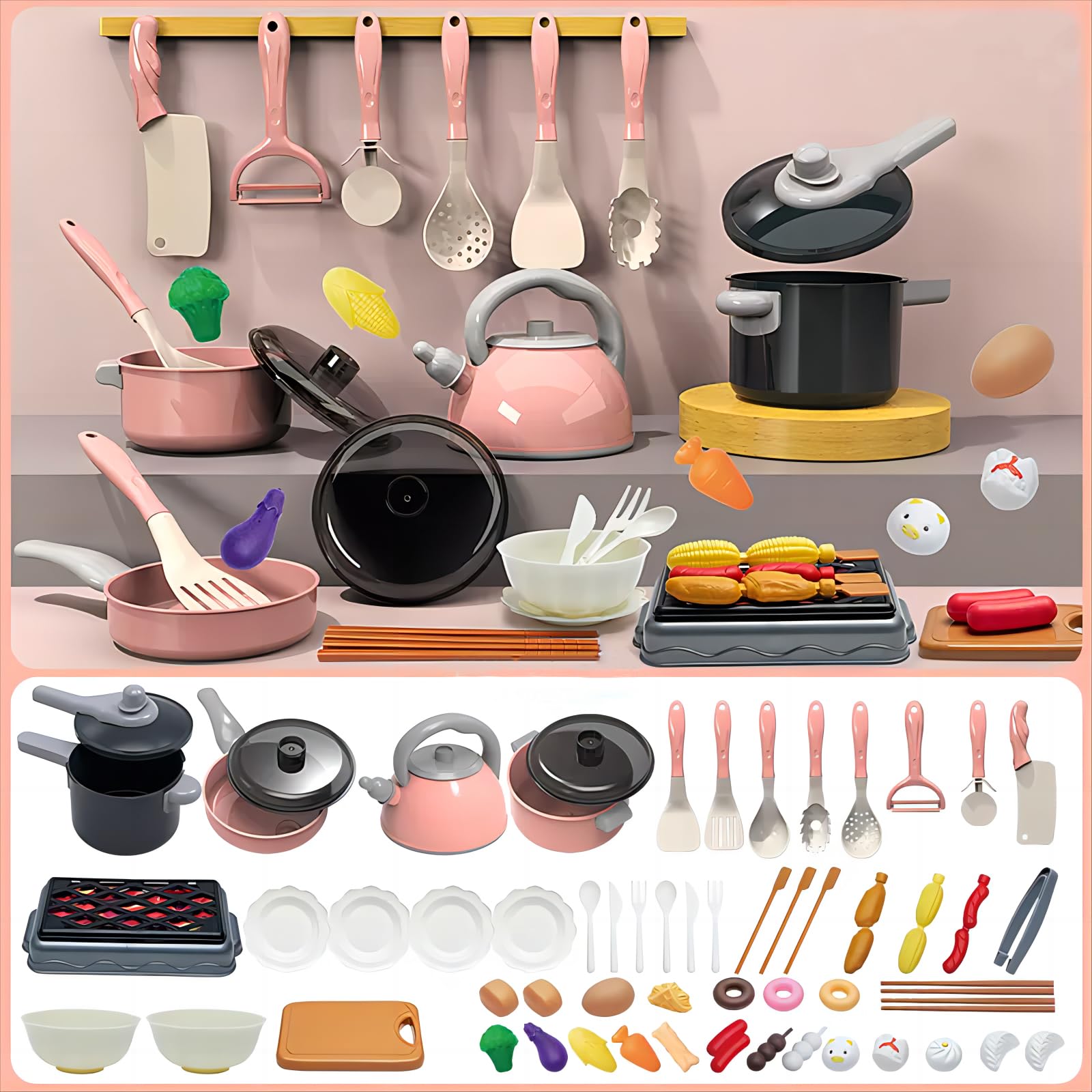 61Pcs Kids Kitchen Toy Accessories Set, Toddler Pretend BBQ Cooking Playset with Play Pots and Pans, Utensils Cookware Toys, Cut Play Food Set, Toy Vegetables, Play Kitchen Toy for Girls Boys (Pink)