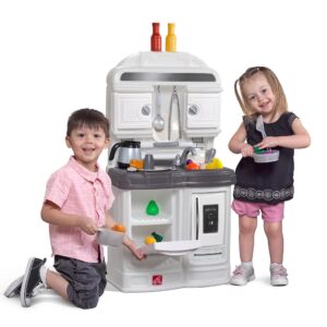 step2 quaint kitchen for kids, play kitchen set, toddlers 2+ years old, 20 piece pretend play pots and pans toy accessories, easy to assemble, white