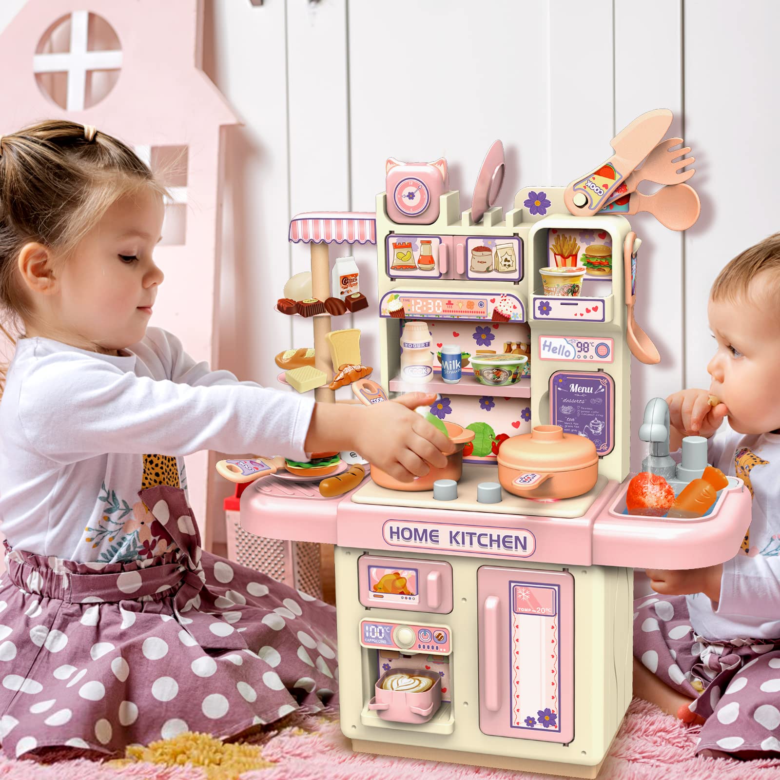 deAO Mini Kitchen Playset Toy,33 PCS Play Kitchen with Realistic Steam and Lights, Role Playing Game Pretend Food and Cooking Playset, Mini Kitchen Accessories Set for 3 4 Girls Boys