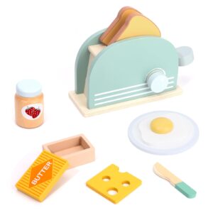 wooden play pop up toaster set toys, wooden play food and kids play kitchen accessories, toys gift for toddlers girls & boys