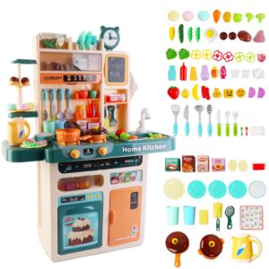 deao my happy little chef kitchen 80 pieces pretend play set with multi-functional button panel, light, sound, real steam functions and colour changing accessories included(blue)