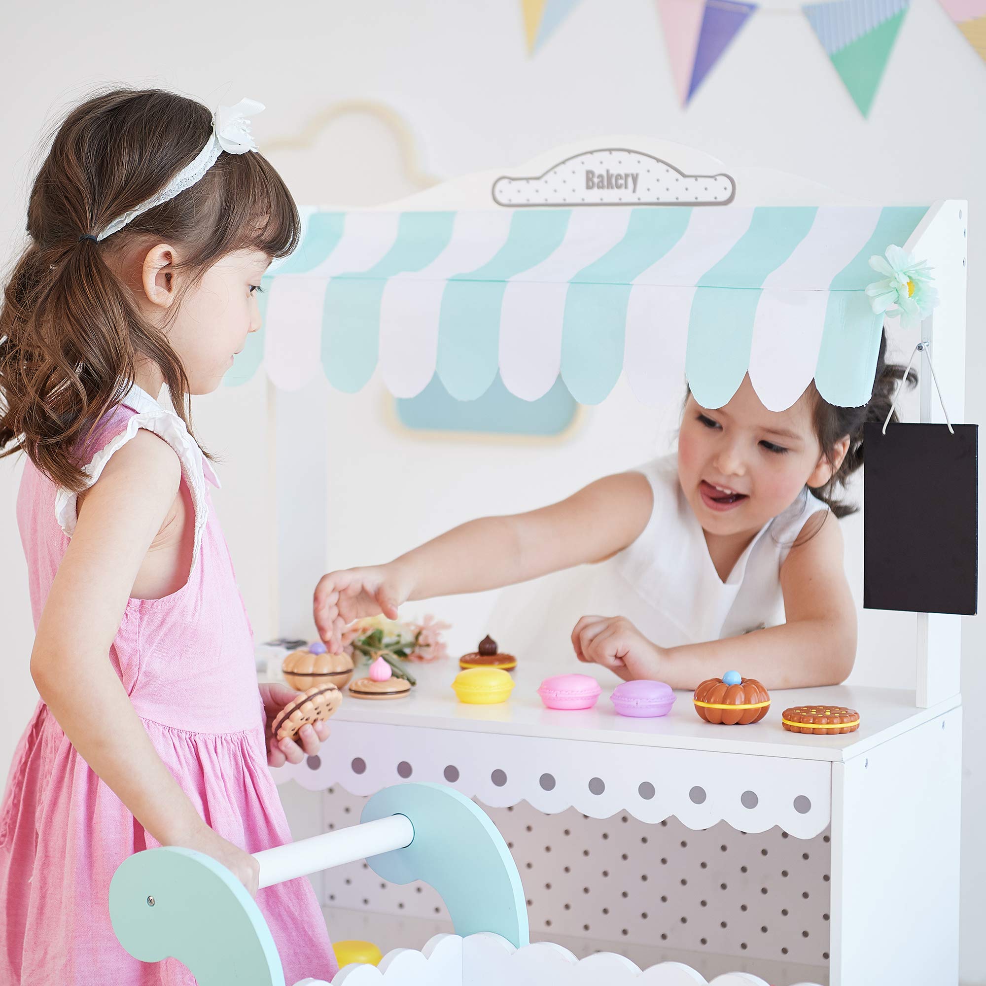 Teamson Kids My Dream Bakery Shop Dessert Stand and Rolling Pastry Cart Interactive Wooden Play Set with 18 Pretend Baked Goods, White and Mint Green with Gray Polka Dot Accents