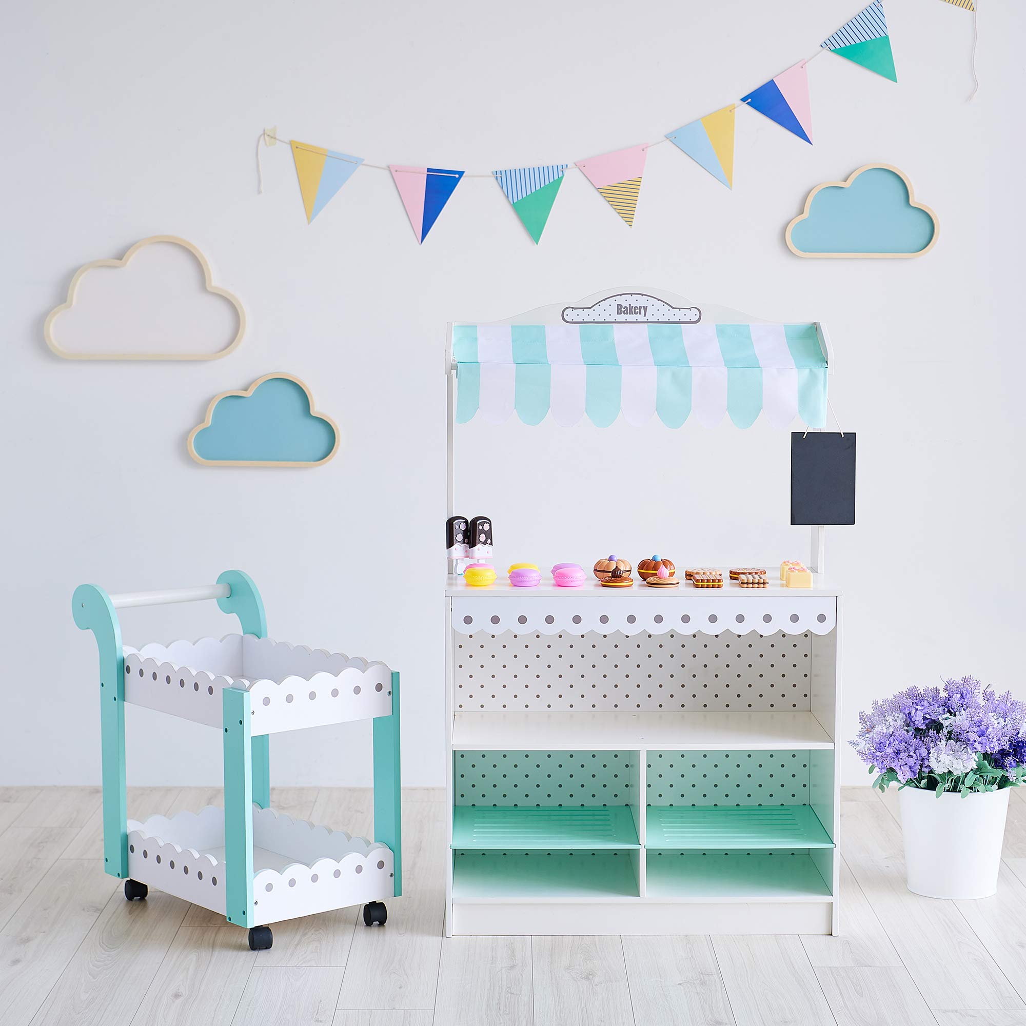 Teamson Kids My Dream Bakery Shop Dessert Stand and Rolling Pastry Cart Interactive Wooden Play Set with 18 Pretend Baked Goods, White and Mint Green with Gray Polka Dot Accents