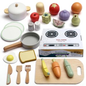 treehouse kids, wooden food set for kids with cookbook magical recipes, wood velcro cutting fruit and vegetables toy for toddlers, cooking pretend play, kitchen accessories, early education toys