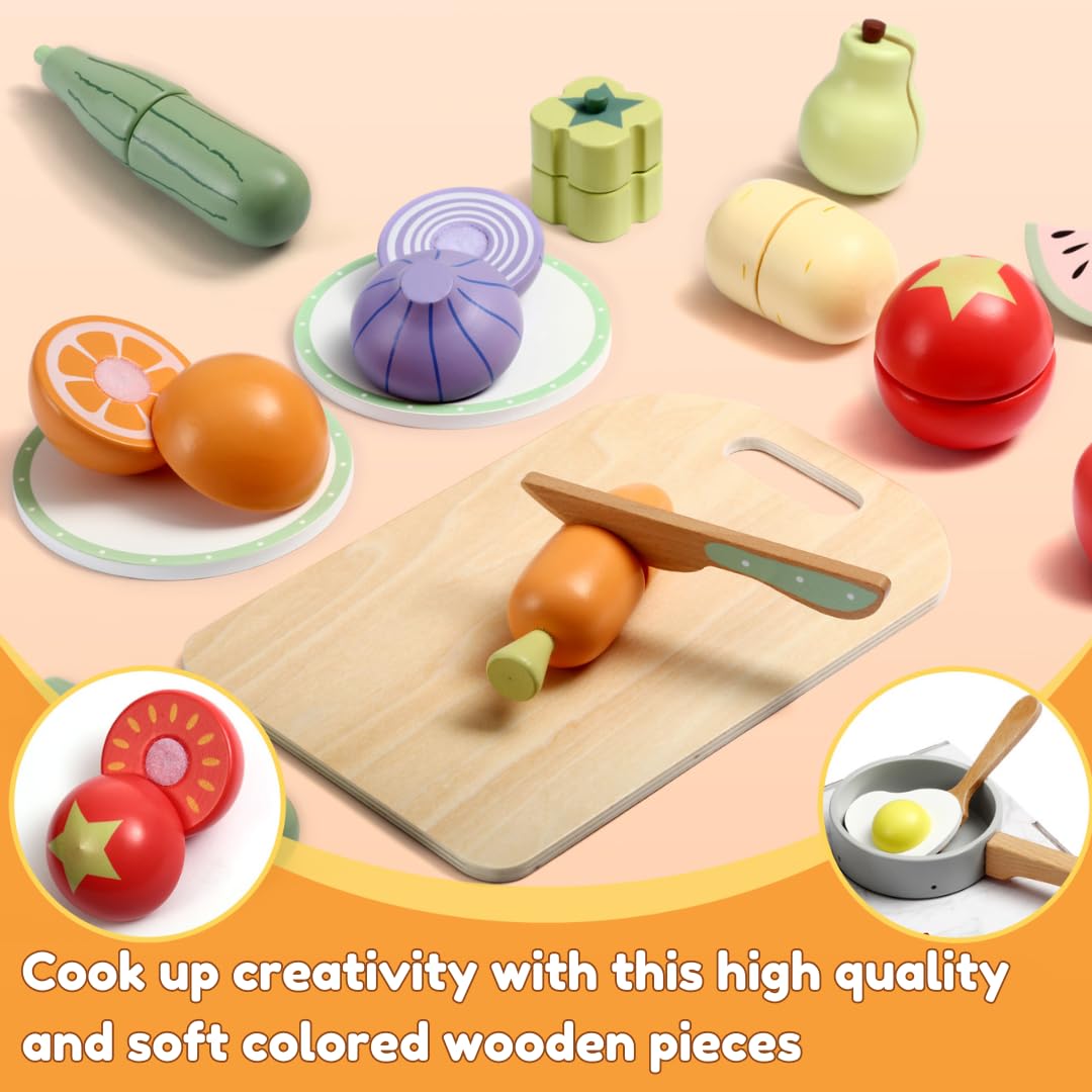 Treehouse kids, Wooden Food Set for Kids with Cookbook Magical Recipes, Wood Velcro Cutting Fruit and Vegetables Toy for Toddlers, Cooking Pretend Play, Kitchen Accessories, Early Education Toys