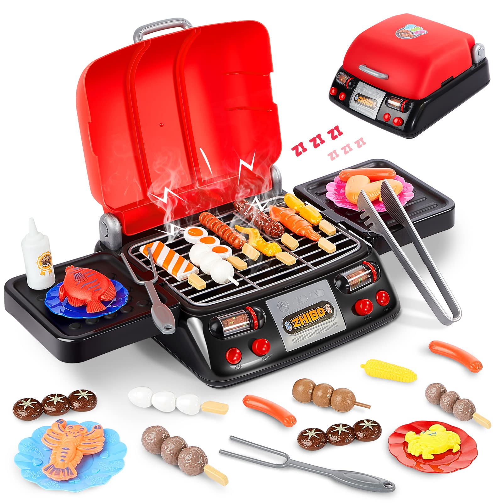 Kids Grill Playset Kitchen Pretend Play Set for Kids BBQ Grill Playset Pretend Play Food Grill with 15 Pcs Fake Food Accessories Toys Cooking Pretend BBQ Accessories Camping Toys for Teens Girls Boys