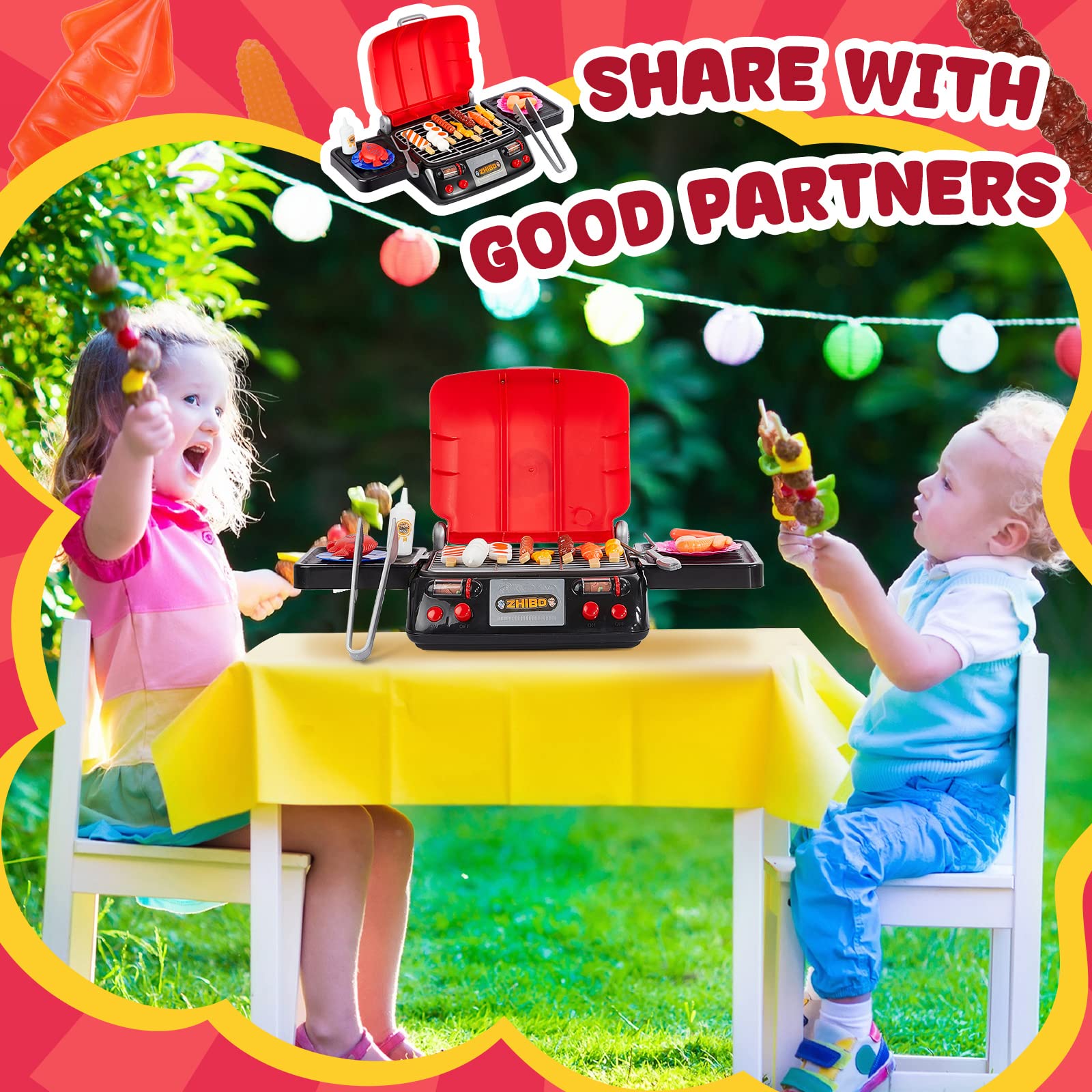 Kids Grill Playset Kitchen Pretend Play Set for Kids BBQ Grill Playset Pretend Play Food Grill with 15 Pcs Fake Food Accessories Toys Cooking Pretend BBQ Accessories Camping Toys for Teens Girls Boys