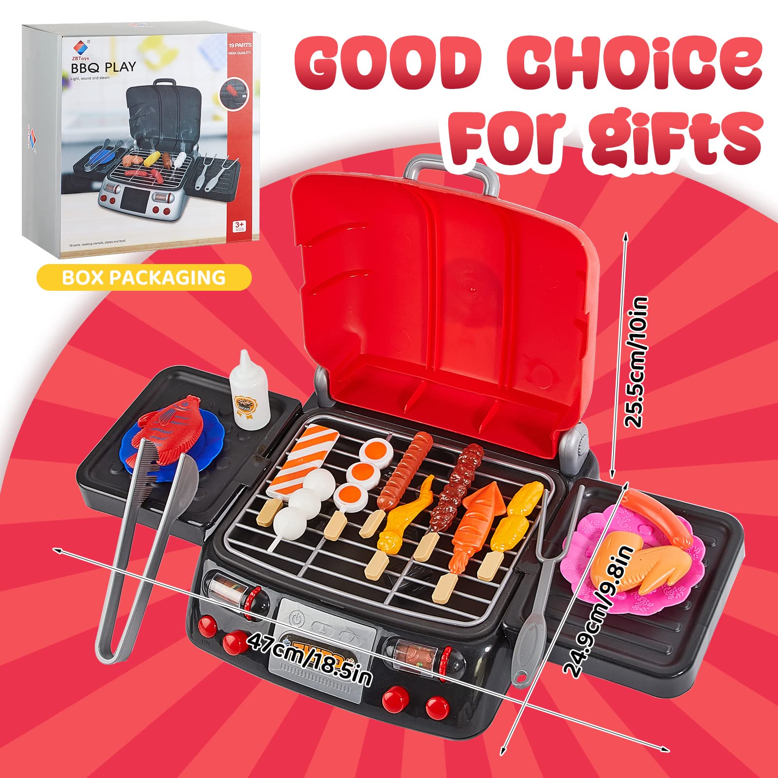 Kids Grill Playset Kitchen Pretend Play Set for Kids BBQ Grill Playset Pretend Play Food Grill with 15 Pcs Fake Food Accessories Toys Cooking Pretend BBQ Accessories Camping Toys for Teens Girls Boys