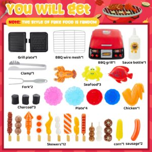 Kids Grill Playset Kitchen Pretend Play Set for Kids BBQ Grill Playset Pretend Play Food Grill with 15 Pcs Fake Food Accessories Toys Cooking Pretend BBQ Accessories Camping Toys for Teens Girls Boys