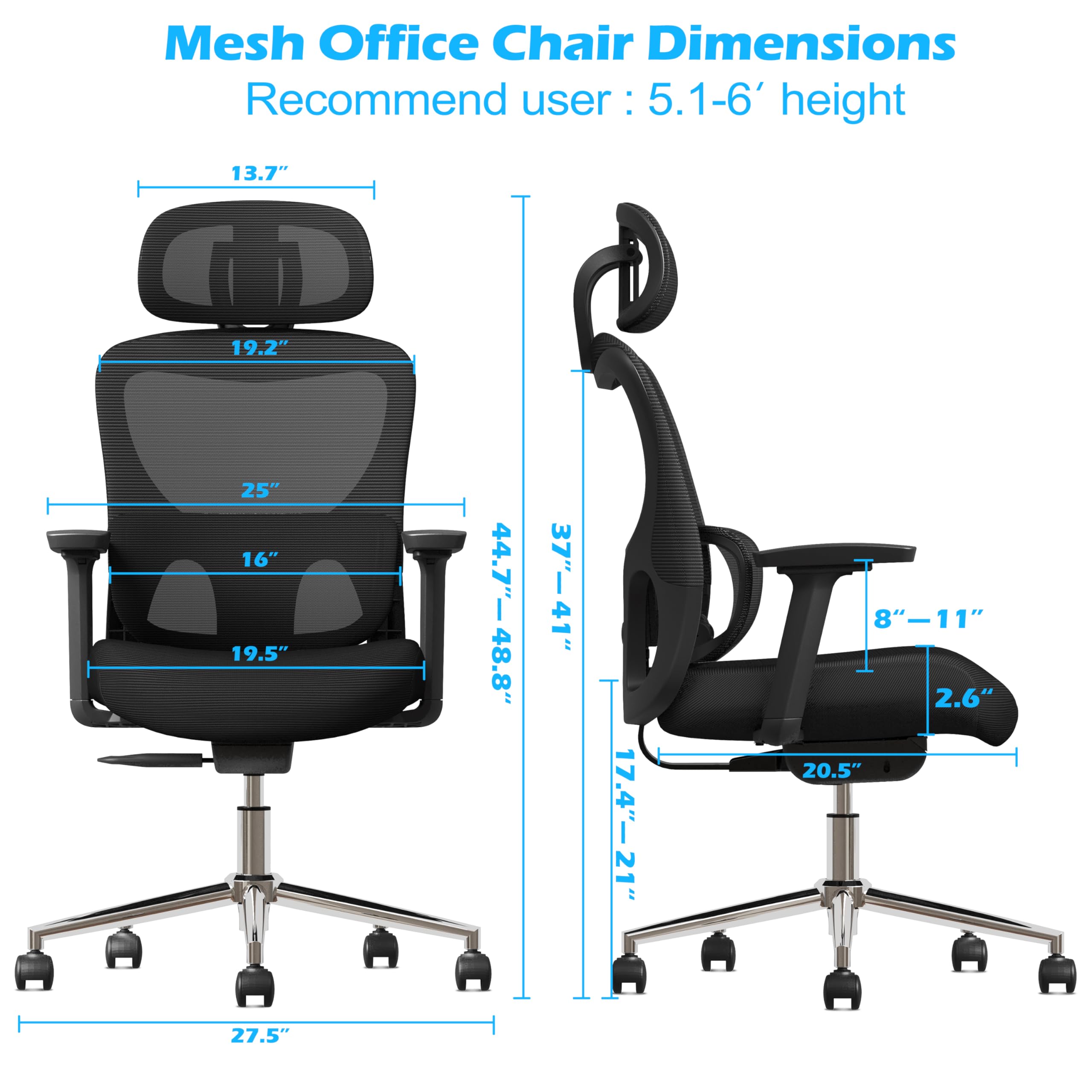 GABRYLLY Ergonomic Mesh Office Chair, Home Desk Chair with Adjustable Lumbar Support, 3D Armrest, Headrest, 4-Level Tilt Back, High Back Ergonomic Chairs with Wide Cushion Seat