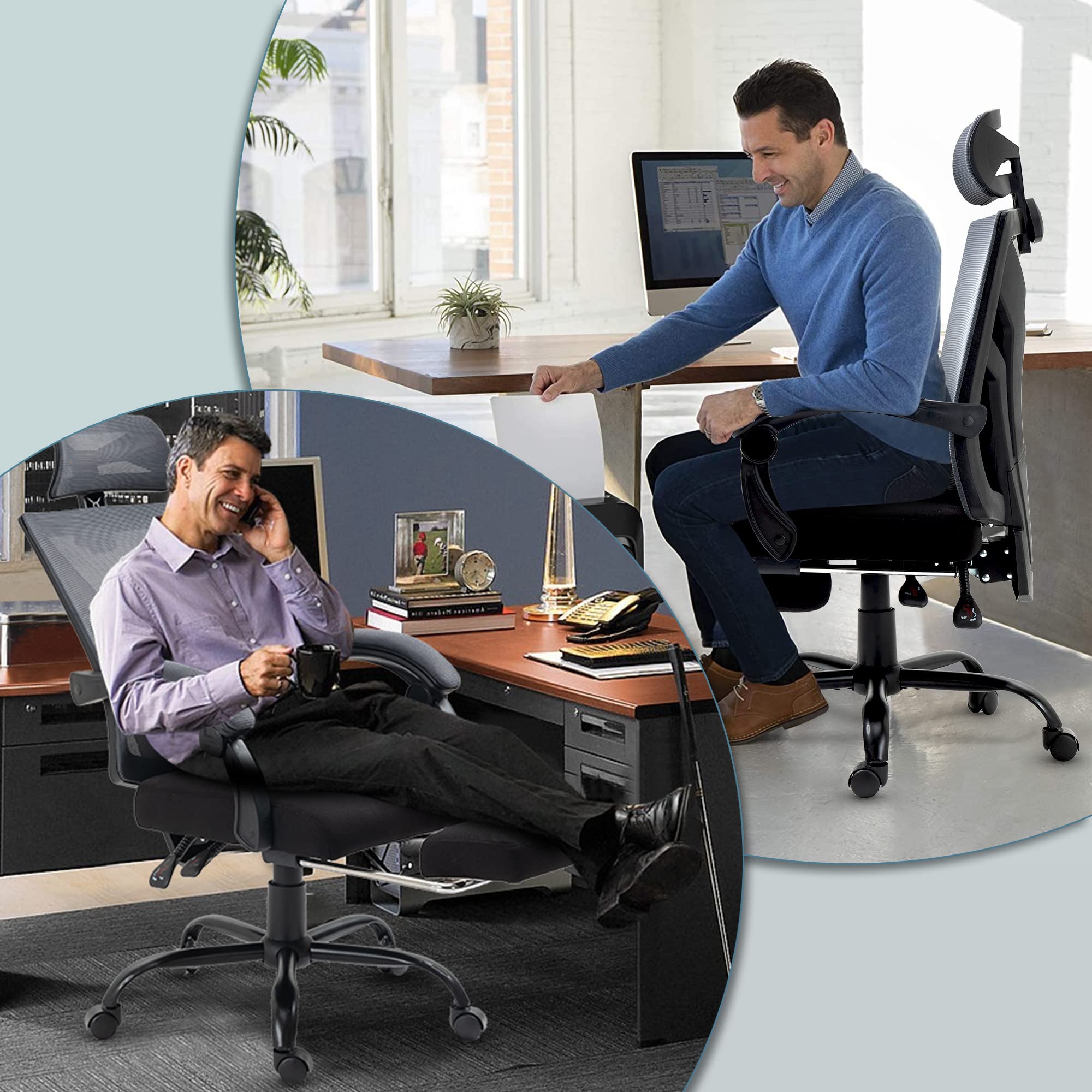 Reclining Office Chair with Foot Rest, Mesh Office Chair, Ergonomic Office Chair with footrest, Computer Desk Chair with Lumbar Support Pillow, 280lb Capacity