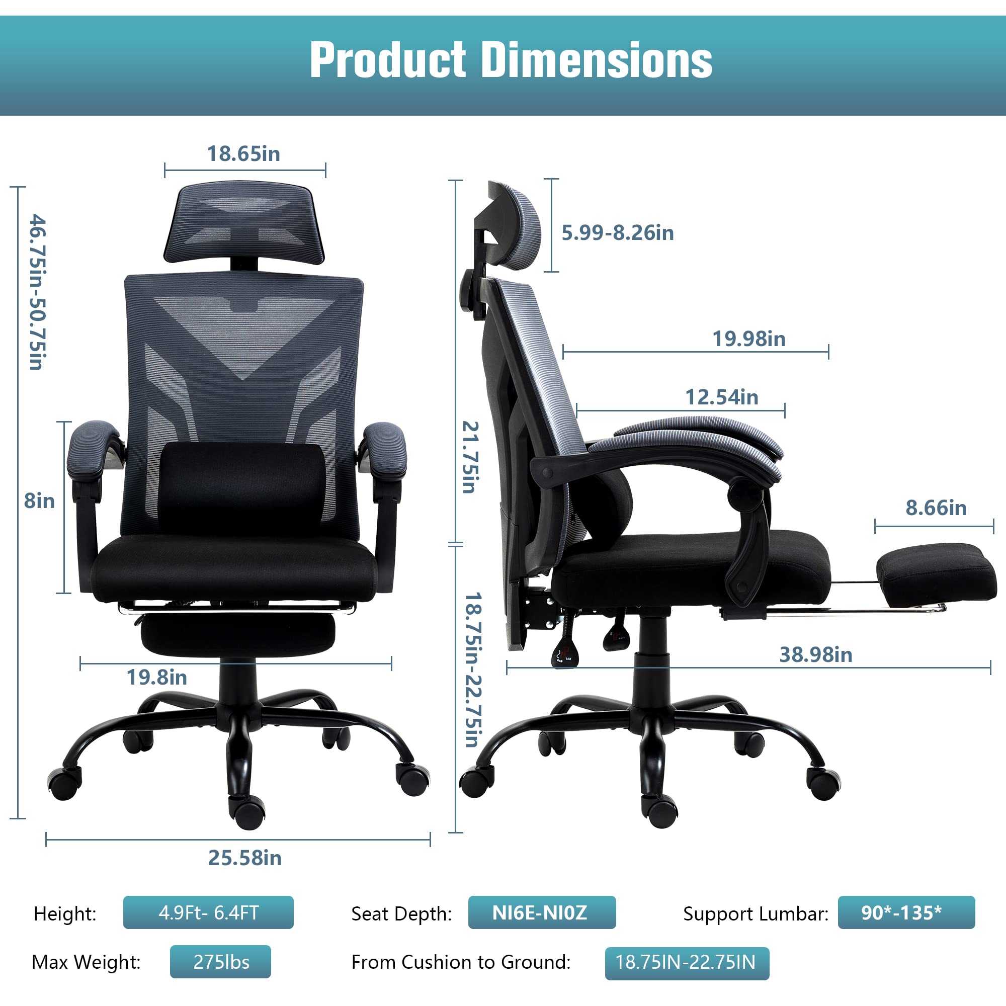 Reclining Office Chair with Foot Rest, Mesh Office Chair, Ergonomic Office Chair with footrest, Computer Desk Chair with Lumbar Support Pillow, 280lb Capacity