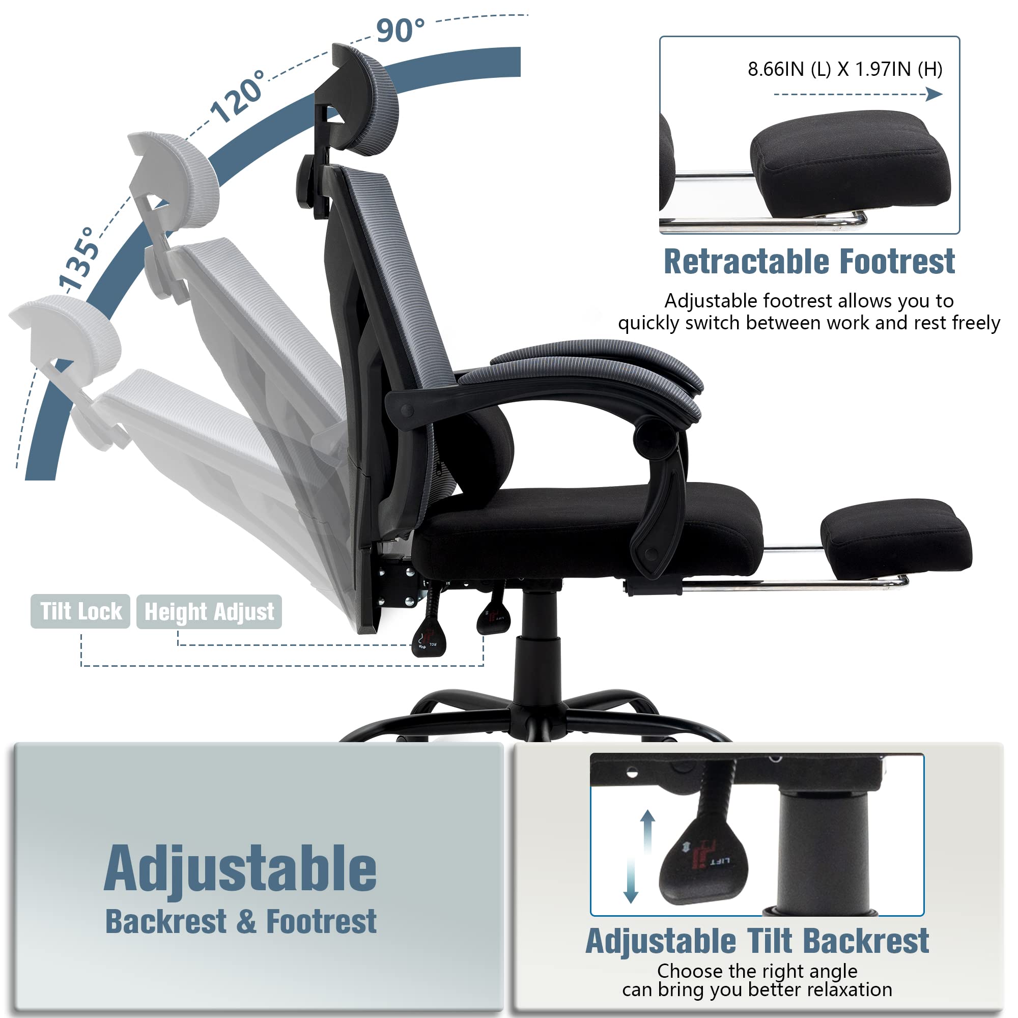 Reclining Office Chair with Foot Rest, Mesh Office Chair, Ergonomic Office Chair with footrest, Computer Desk Chair with Lumbar Support Pillow, 280lb Capacity