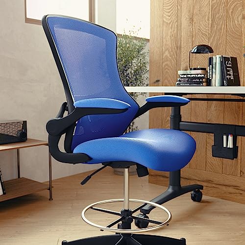 Flash Furniture Kelista Mid-Back Swivel Office Chair with Adjustable Seat Height, Ergonomic Mesh Desk Chair with Flip-Up Armrests, Blue